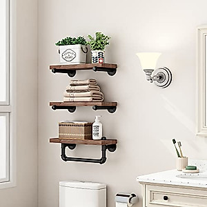 BOSURU Industrial Iron Pipe Shelves Wall Mount Wood Floating Shelf Rustic DIY Storage Shelving with Towel Rack for Bathroom,Living Room,Bedroom(Black,3-Tier)