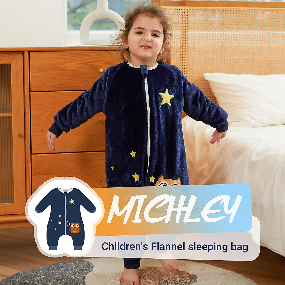 MICHLEY Flannel Baby Sleeping Bag Unisex Pajamas, Long Sleeve Zipper Wearable Sleeping Sack for Autumn Winter Boys Girls,Owl,5-6T, Size 130