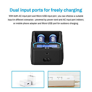 XTAR New X2 Extended Version 18650 Charger Protected 21700 18650 Battery and Charger Max 2A Charging Current w LCD Display 3.7V Battery Charger for 18350 26650 1.2V Ni-MH/ Ni-CD AC and Mirco USB Ports