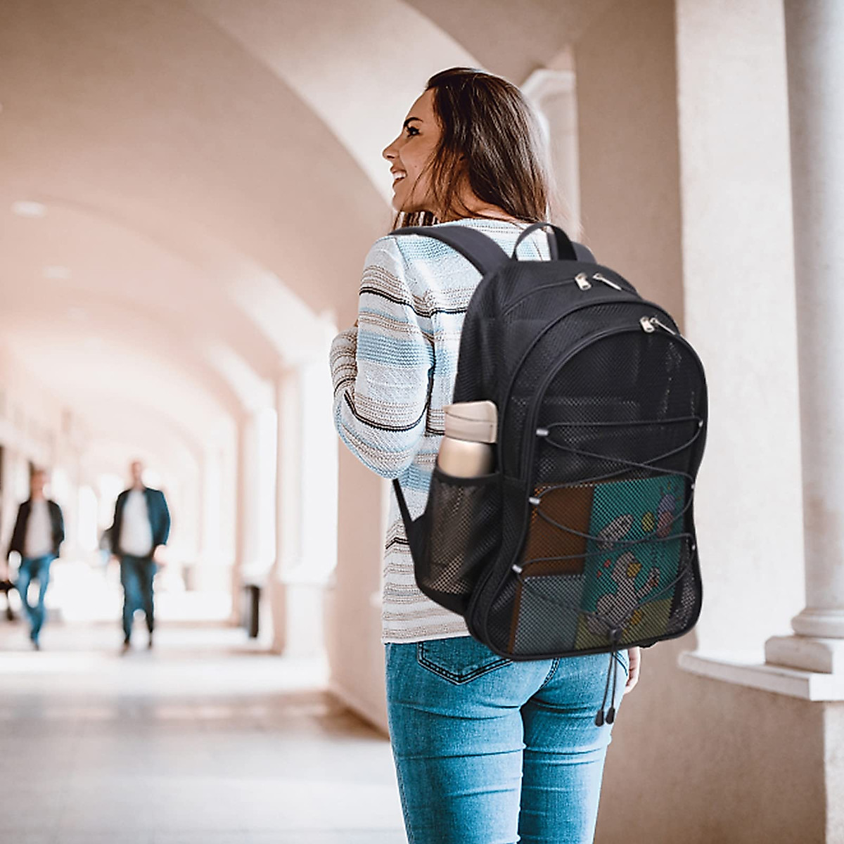 Heavy Duty Mesh Backpack, See Through School Backpack, Mesh Book Bag with Bungee Cord & Adjustable Padded Straps, for Work, School, Travel