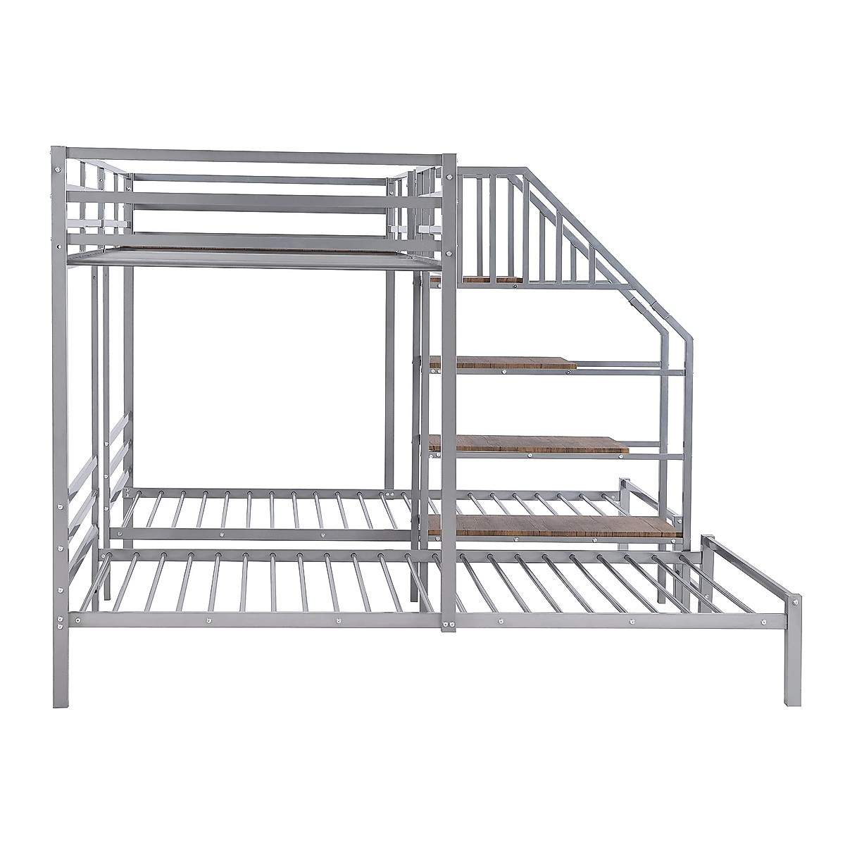 SOFTSEA Metal Corner Bunk Beds for 3 Kids, L-Shaped Triple Bunk Bed Frame with Stairs and Shelves, No Box Spring Needed
