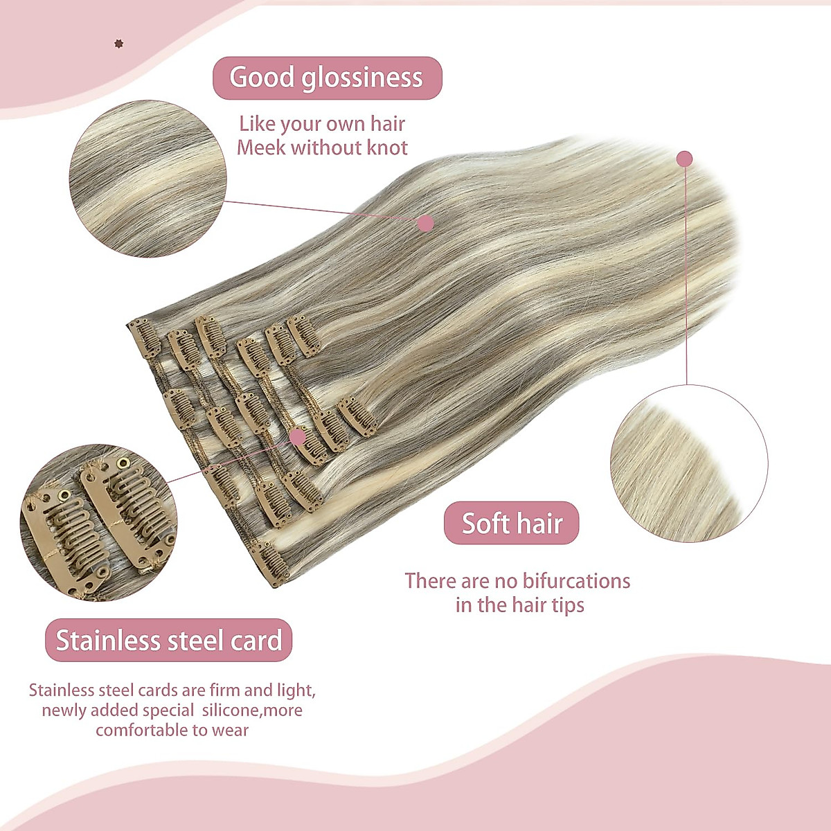 HUAYI Blonde Clip In Hair Extensions - Ash Blonde Mixed Bleach Blonde 70g 15 Inch, Real Human Hair Extensions for Women, Premium Quality Hair Extensions Real Human Hair for a Natural Look
