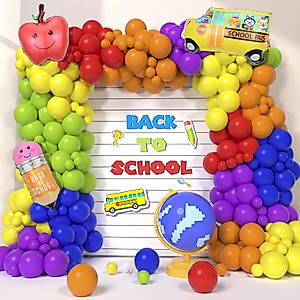 Back to School Balloon Arch Kit School Bus Pencil Foil Balloon with Rainbow Balloons for First Day of School Students Classroom Kindergarten Graduation Decorations