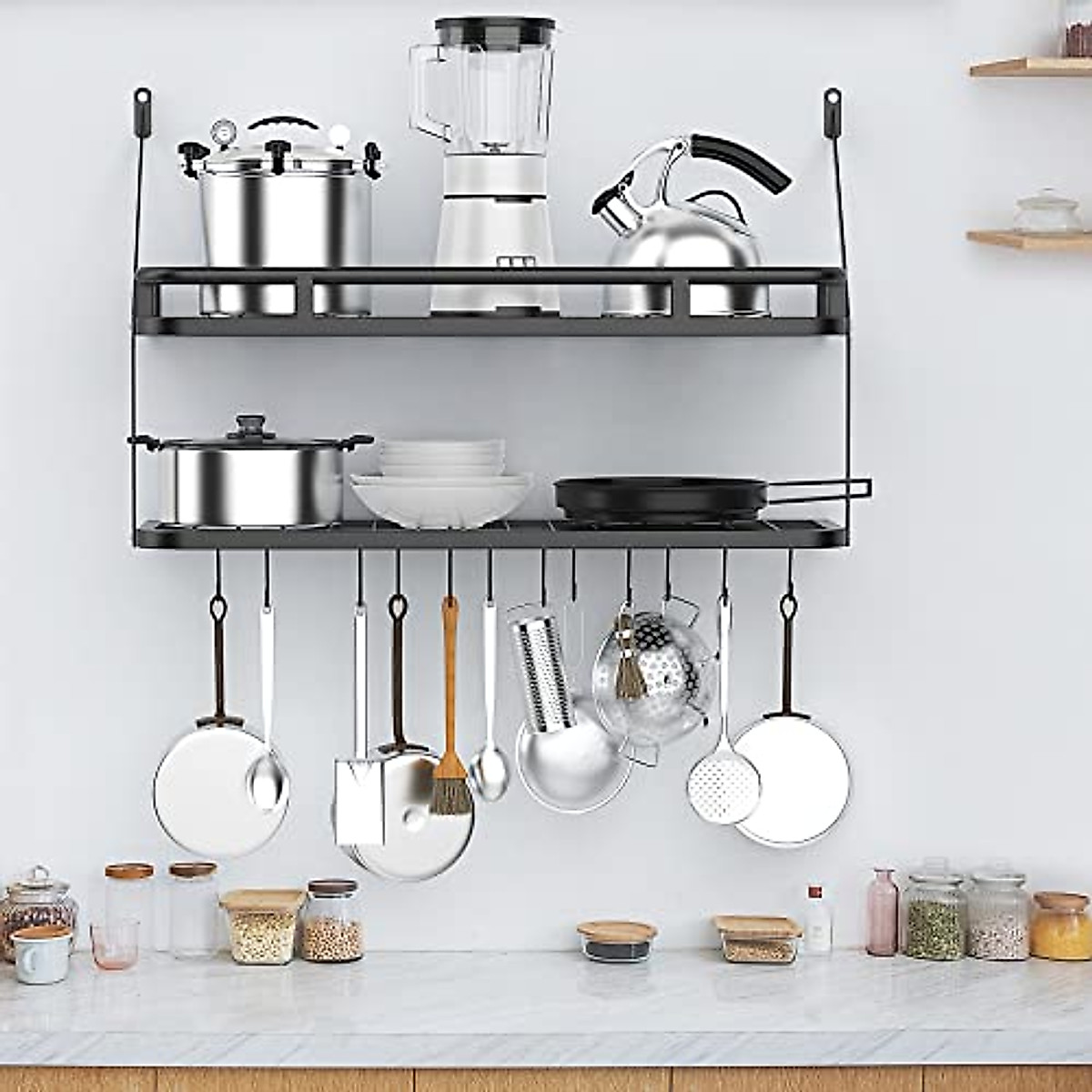 ChefHachiro Kitchen Pot Rack, Heavy Duty Wall Mount Pots and Pans Organizer, 2-Tier Wall Shelves with 12 S Hooks for Kitchen Cookware Utensils