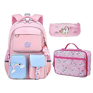 Rxudurp Pink Kids Unicorn Backpack For Girl,Cartoon Large Capacity Elementary Bookbag Lightweight Causal Travel Bag With Lunchbag
