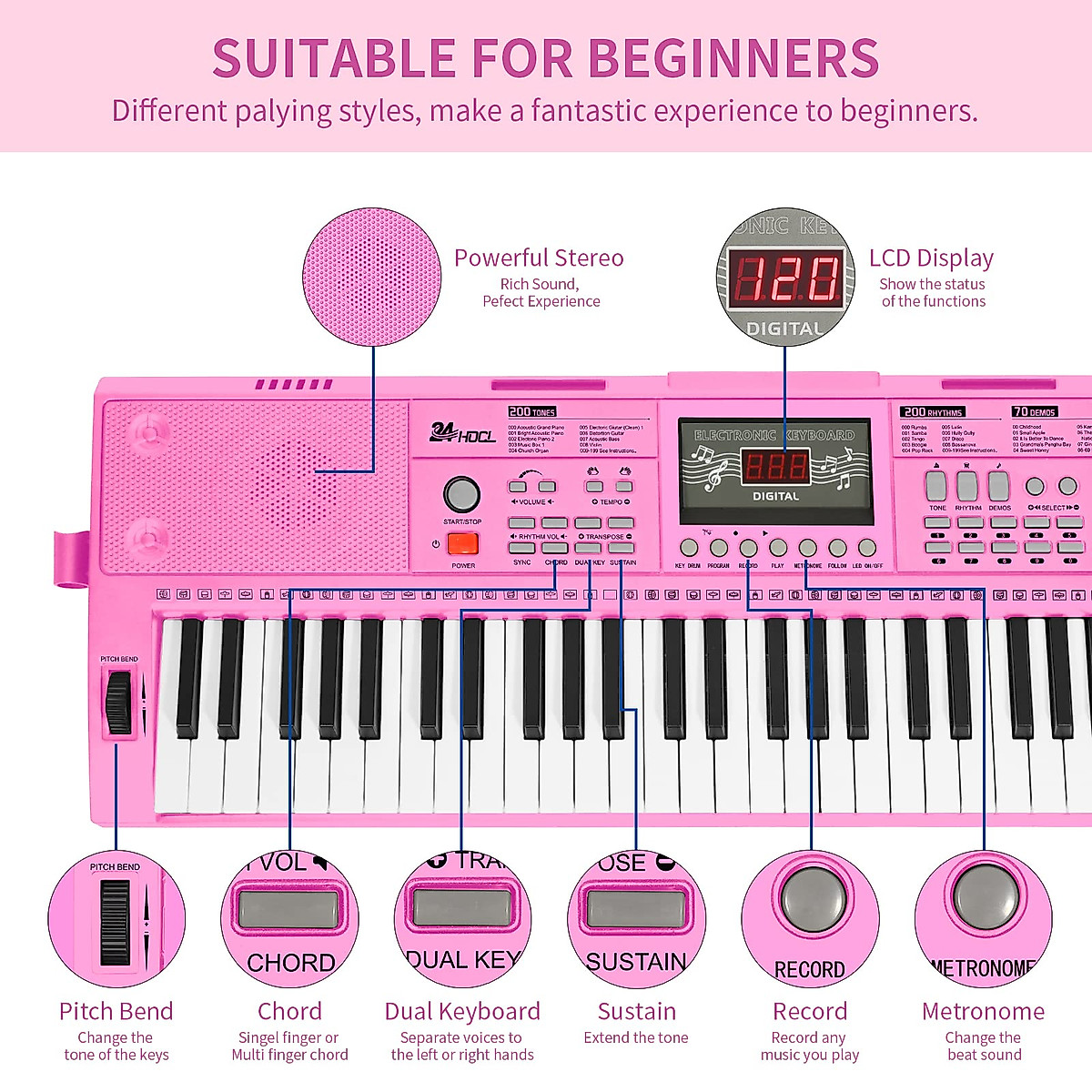 24HOCL 61 Key Premium Electric Keyboard Piano for Beginners with Stand, Built-in Dual Speakers, Microphone, Headphone, Stand & Display Panel (Pink)