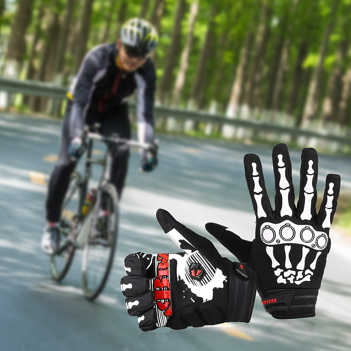 BRZSACR Cycling Gloves Full-Finger Gloves Skeleton Bones Motorcycle Bike Gloves Mountain-Padded Road Bicycle for Men Women Non-Slip and Resistance to Abrasion for Biking Climbing Hiking.(Black.L)