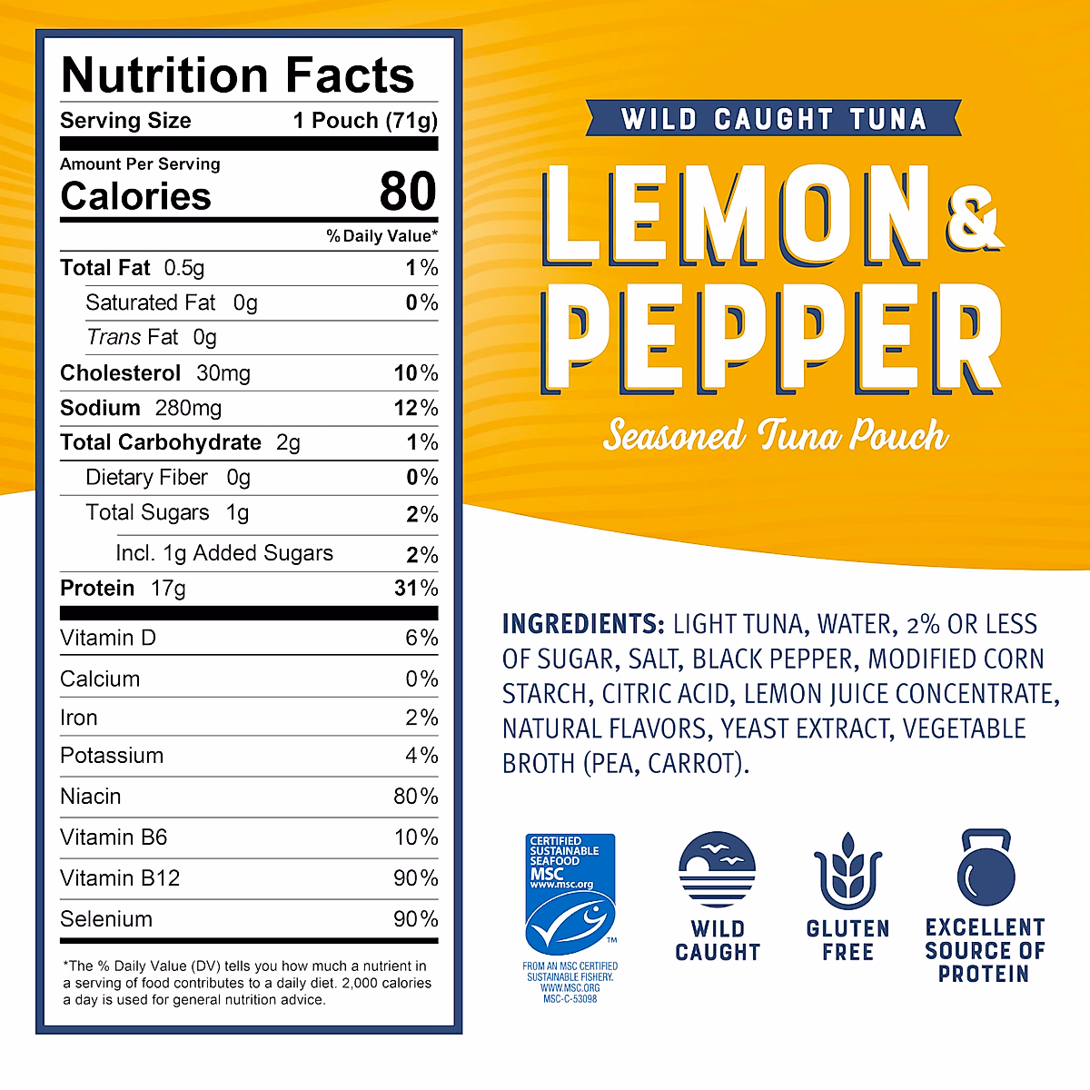 Bumble Bee Lemon & Pepper Seasoned Tuna, 2.5 oz Pouches (Pack of 12) - Ready to Eat - Wild Caught Tuna Packet - 17g Protein per Serving - Gluten Free