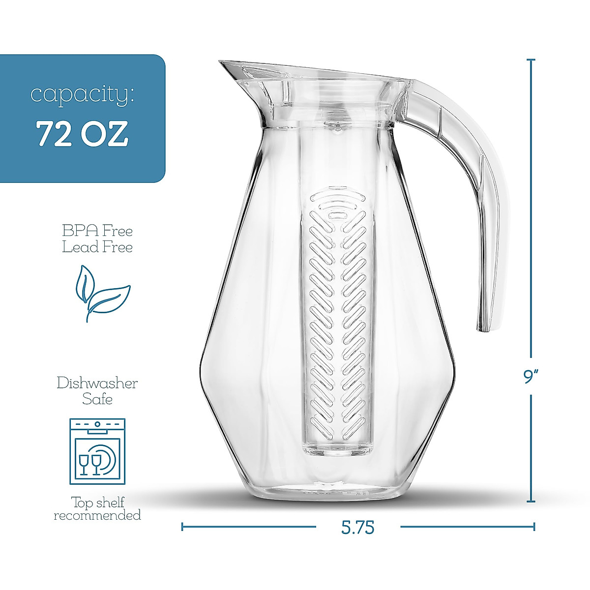 MosJos Acrylic Pitcher (72 oz), Clear Plastic, Water Pitcher with Lid, Shatterproof, BPA-Free Clear Pitcher, Ideal for Sangria, Lemonade, Juice, Iced Tea & More (Infuser- Acrylic Pitcher)