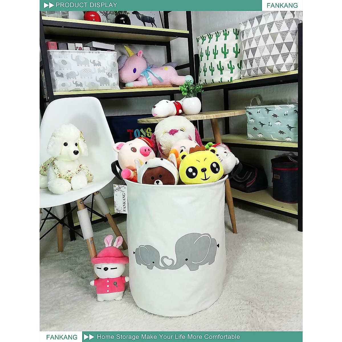FANKANG Storage Basket, Nursery Hamper Canvas Laundry Basket Foldable with Waterproof PE Coating Large Storage Baskets for Kids Boys and Girls, Office, Bedroom, Clothes,Toys（Love Elephant）