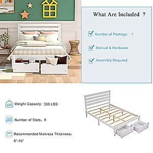 Full Bed with Drawers,Wood Bed Frame with Headboard and Footboard Mattress Foundation Wood Bed Platform for Boys, Girls, Kids, Young Teens and Adults,White