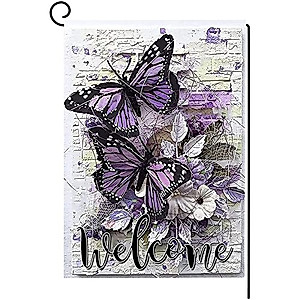 Welcome Garden Flag Spring,Summer Garden Flags for Outside 12x18 Double Sided Vertical Burlap,Farmhouse Home Flower Butterfly Small Garden Flags Yard Decor
