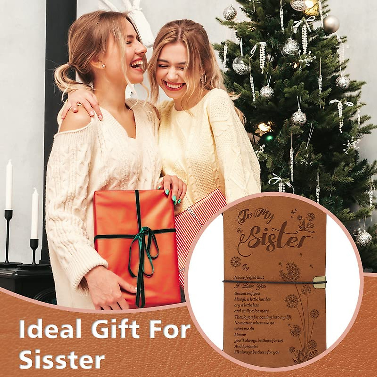 Sister Christmas Gifts from Sister- to My Sister Leather Journal, 140 Page Refillable Journal Notebooks, Big Sister gfits- Back to School Graduation Gifts for Sister from Sister Brother