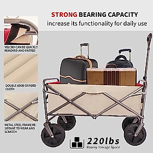 Folding Wagon Cart Beach Wagon Utility Wagon Cart Outdoor Heavy Duty Garden Portable Hand Cart with All-Terrain Wheels & Adjustable Handle (White+Red)