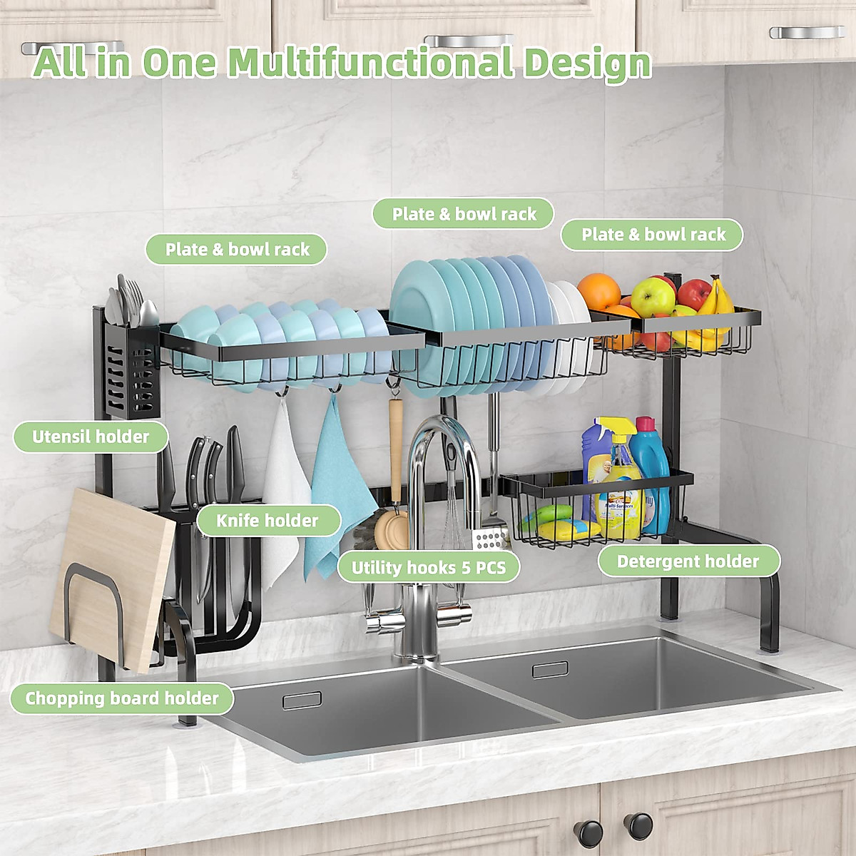 PETSITE Over Sink Dish Drying Rack, 21"-39" Length Adjustable, 2-Tier Dish Drainer for Kitchen Counter Storage, with 4 Baskets and 8 Hooks, Cutting Board & Utensil & Knife Holder, Above Sink Dish Rack