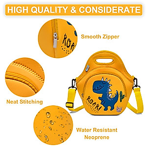 VASCHY Lunch Bag for Kids, Insulated Neoprene Lightweight Lunch Box Bag for Children Boys and Girls School Daycare Kindergarten Yellow Dinosaur