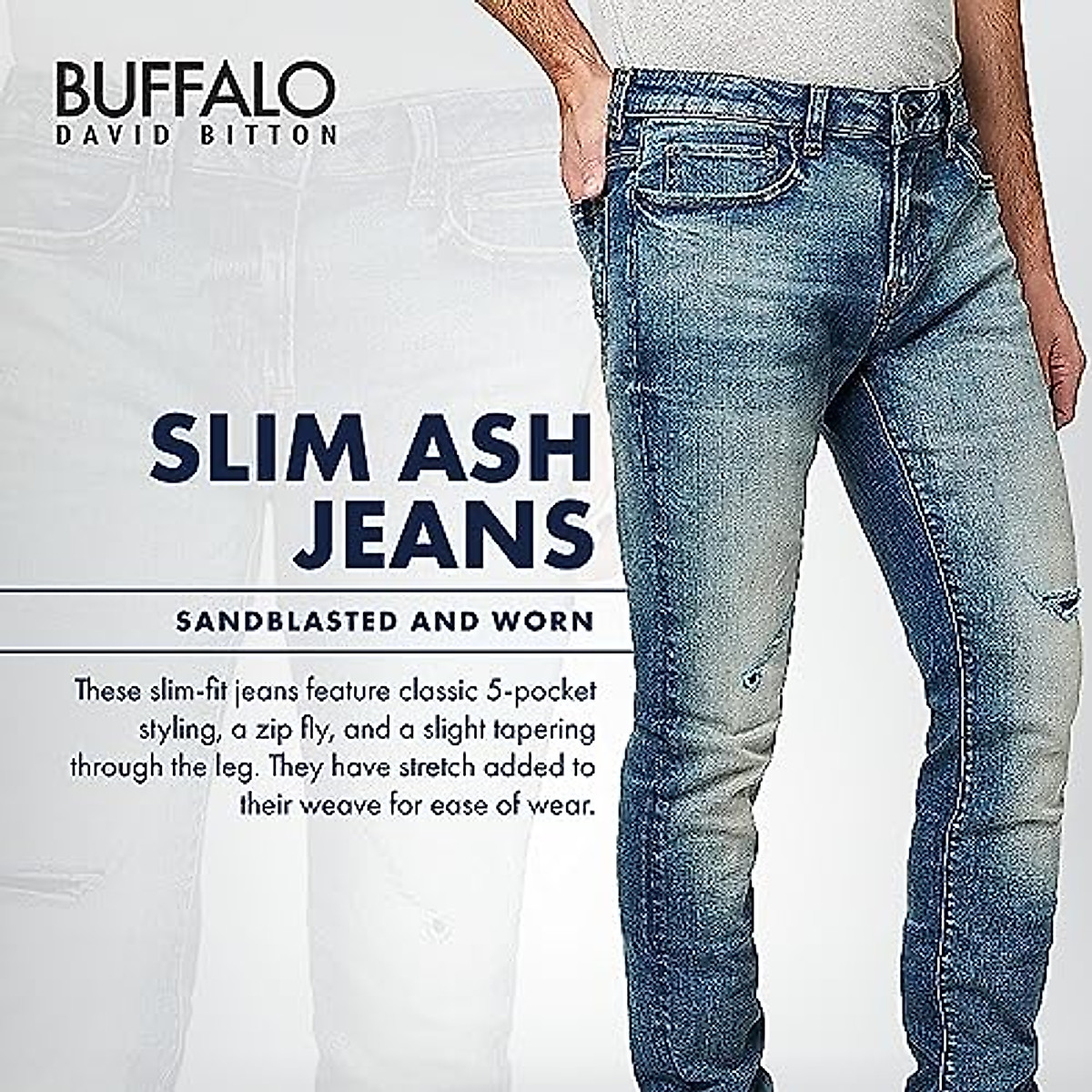 Buffalo David Bitton Men's Slim Ash Jeans, Sandblasted and Worn, 30W x 30L