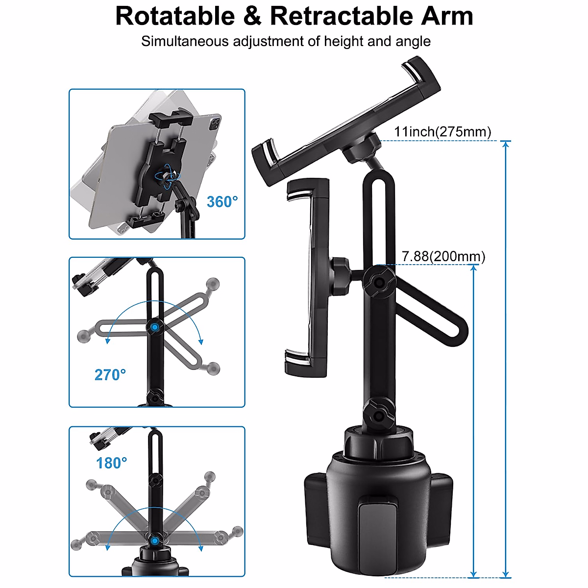 woleyi Cup Holder Car Tablet Mount, iPad Mount Holder for Car/Truck, 360° Rotation Adjustable Universal Tablet Stand Cradle Compatible with iPad Pro Air Mini, Galaxy Tabs, Cell Phones, 4.7-13" Devices