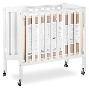 Dream On Me 3 in 1 Portable Folding Stationary Side Crib in White, Greenguard Gold Certified, Safety Wheel with Locking Casters, Convertible, 3 Mattress Heights