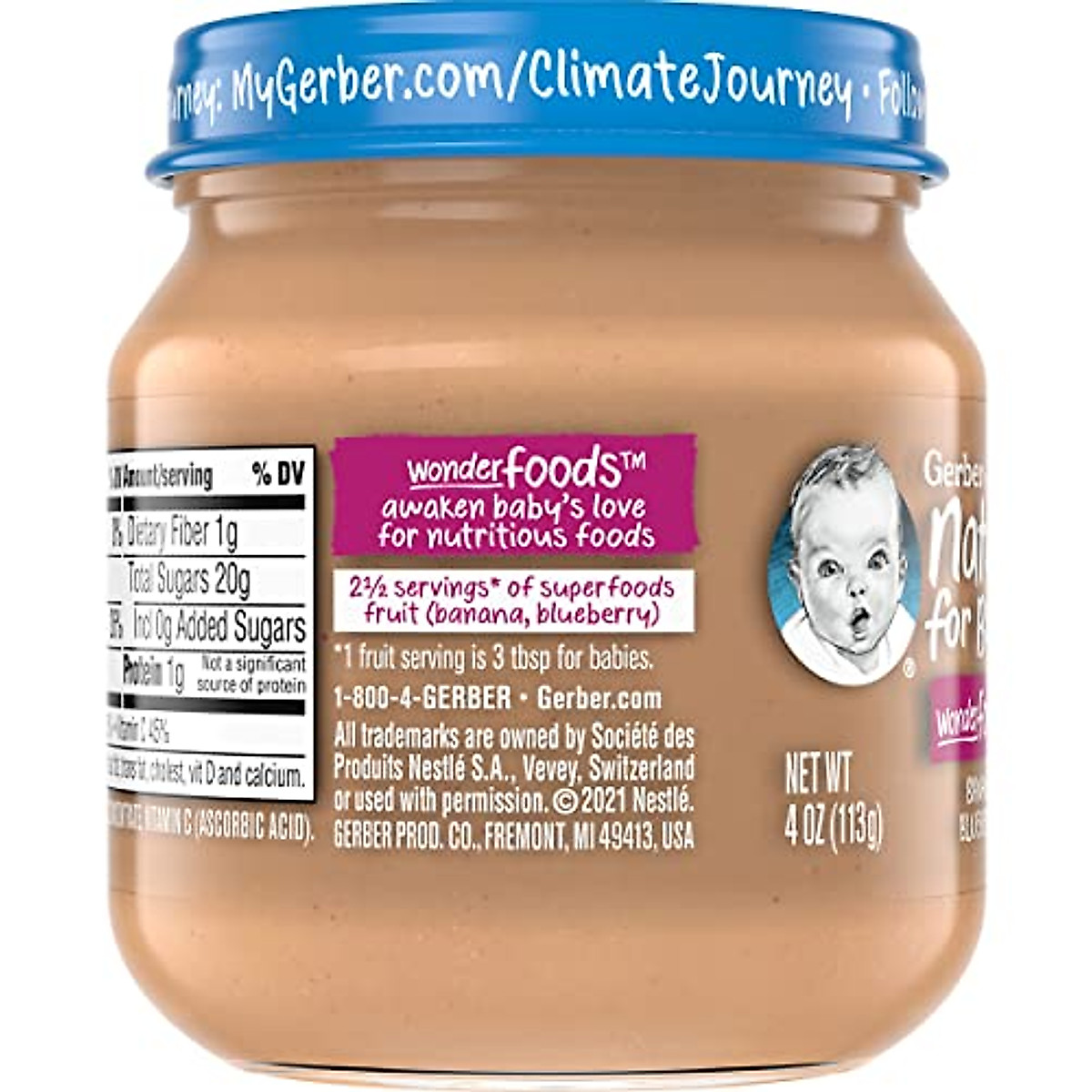 Gerber Natural for Baby Wonder Foods 2nd Foods Baby Food Jar, Banana Blueberry, Made with Natural Fruit & Vitamin C, Non-GMO Baby Food, 4-Ounce Glass Jar (Pack of 10)