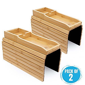 Couch Cup Holder Tray Couch Caddy Anti-Slip Bamboo Sofa Arm Tray *2-Pack* Organizer for Remote Control, Drinks, Snacks, Phone,- Foldable and Easy to Clean, Movie Must-Haves, Armchair Accessories