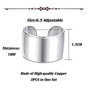 JOERICA 3PCS Adjustable Band Rings for Women Men Open Cuff Knuckle Rings Flat Plain Wide Band Ring Set