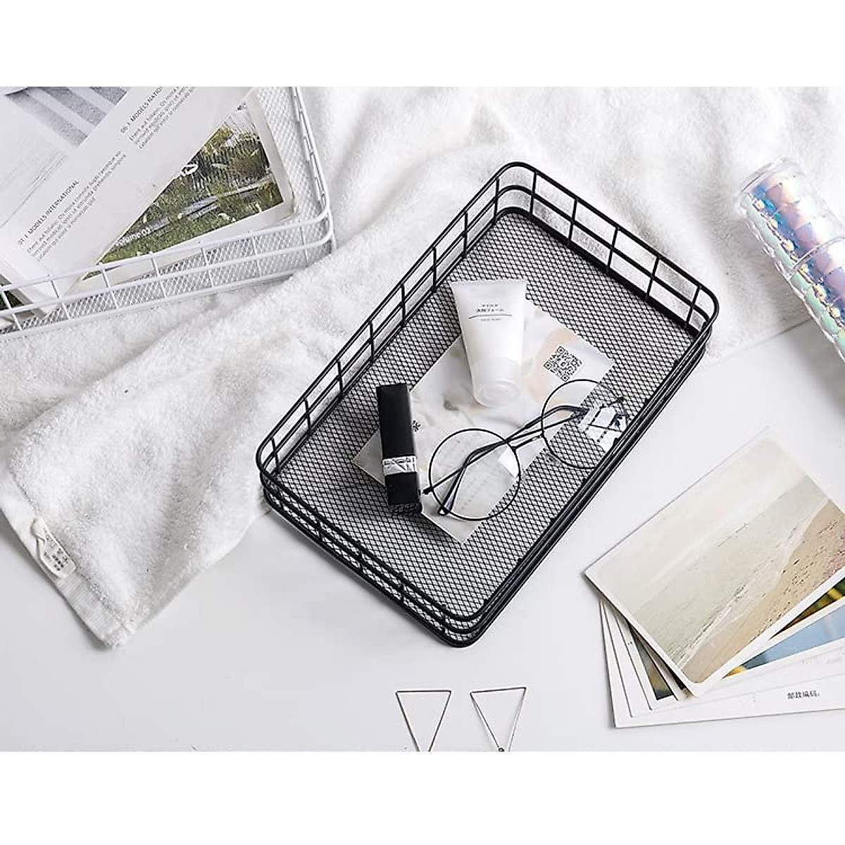 Lioong Black Metal Wire Bathroom Vanity Trays Storage Basket Bins for Organizing Paper Hand Towel Toilet Tank Vanity Countertop Table