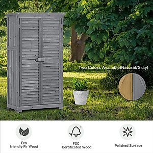 Gray Wooden Outdoor Organizer Lockable Cabinet 3-Tier Storage Solution Ideal Patio Storage Weatherproof Fir Wood Shutter Design