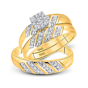 Sizes - L = 8, M = 11 - 10K Yellow Two Tone Gold Round Diamond Halo Circle Trio Three Ring Set - Matching His and Hers Engagement Ring & Wedding Bands - Prong Set Solitaire Center Setting Shape with Channel Set Side Stones (.28 cttw.) - Please use drop do