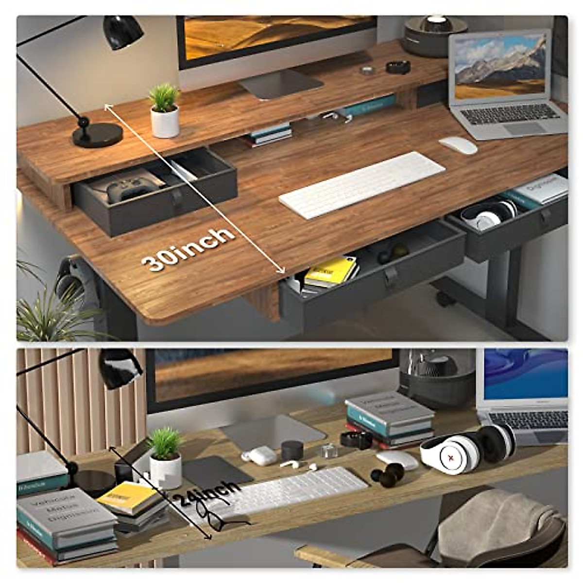 ExaDesk Electric Standing Desk with 4 Drawers, 55 x 30 Inches Adjustable Desk with Storage Shelf, Stand Up Desk for Home and Office, Rustic Brown Top/Black Frame