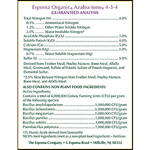 Espoma Organic Azalea-Tone 4-3-4 Natural & Organic Fertilizer and Plant Food for All Flowering Evergreen Shrubs. 4 lb. Bag. Use for Planting & Feeding to Promote Growth & Blooming - Pack of 2