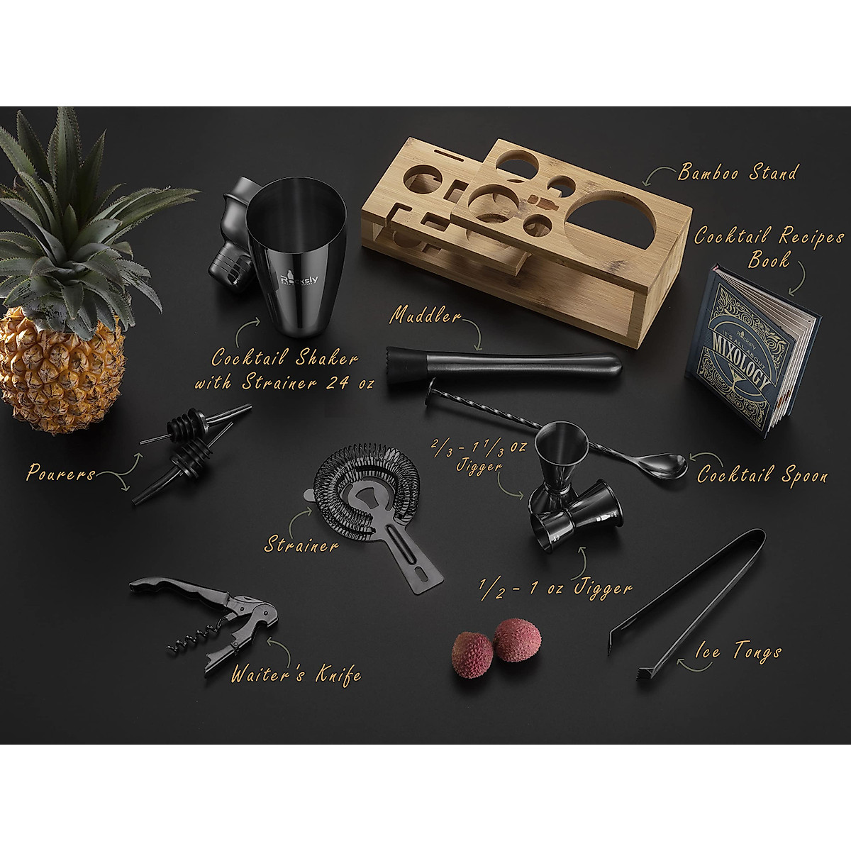 ROCKSLY Mixology Bartender Kit and Cocktail Shaker Set for Drink Mixing | Mixology Set with 10 Bar Set Tools and Bamboo Stand Makes It The Perfect Home Cocktail Kit | Complete Bartender Kit (Black)