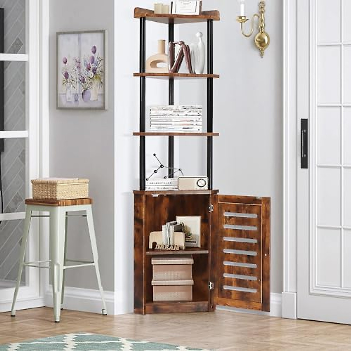 Timberer 6-Tier Corner Shelf with Storage, Corner Bookshelf, 74.2" Tall Corner Stand Display Storage Rack for Living Room, Home Office, Kitchen, Bar, Small Space, Rustic Brown and Black