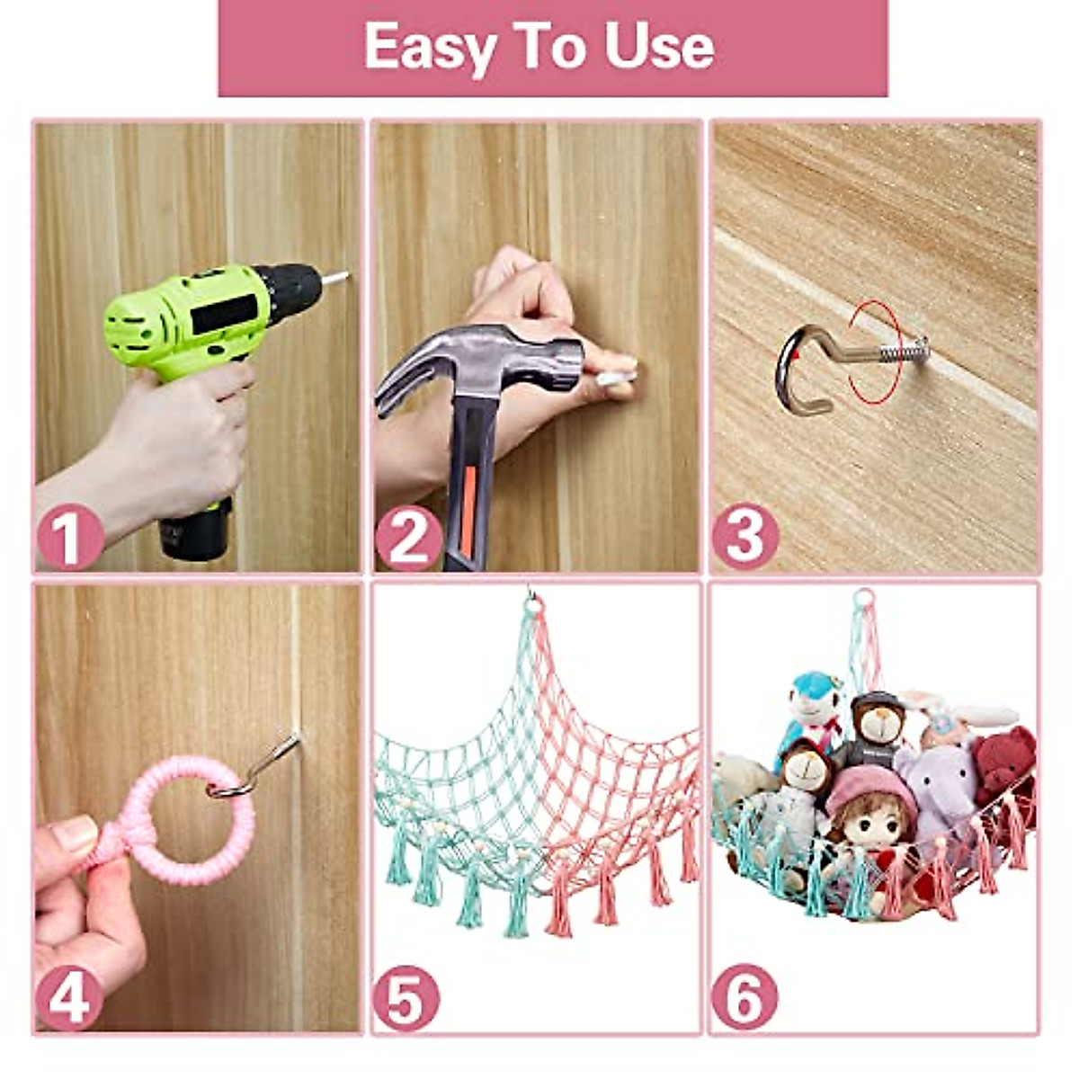 Stuffed Animal Net or Hammock with LED Light, Hanging Corner Storage Net for Wall, Toy Net Hammock Stuffed Animals Holder with Woven Tassels for Nursery Play Room Kids Bedroom Decor