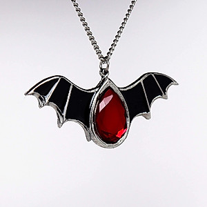 Gothic Black Bat Wings and Blood Red Stone Pewter Pendant Necklace