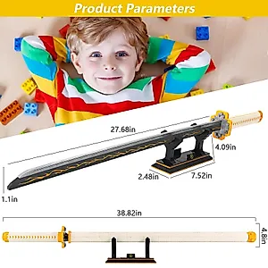 Kravkind 956pcs, 39inch for Demon Slayer Sword Building Block Model, Samurai Sword Set with Scabbard and Stand, Best Gift for Anime Fans (Agatsuma Zenitsu Sword)