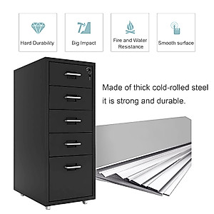 Mobile Storage Cabinet with 5 Drawers, Thickened Metal Storage Cabinet with Casters and Lock, Small Classification Storage Cabinet for Home Office and School, Black…
