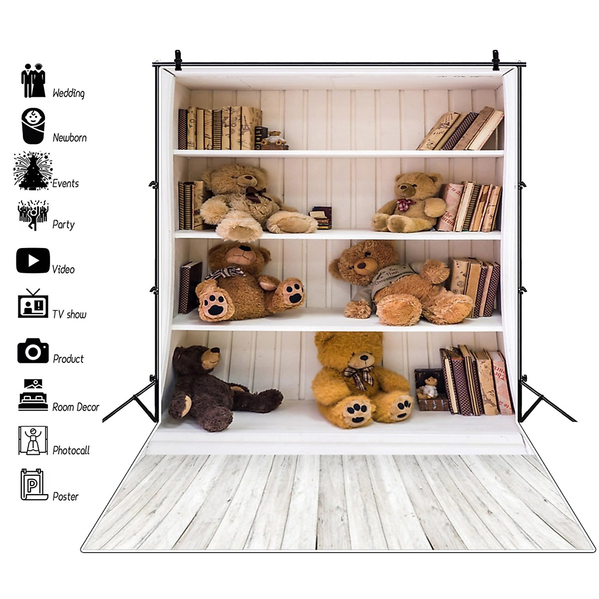 AOFOTO 3x5ft Bookcase and Toy Bears Background Bookshelf Photography Backdrop Kid Baby Child Infant Boy Girl Portrait Photoshoot Studio Props Video Drape Seamless Wallpaper