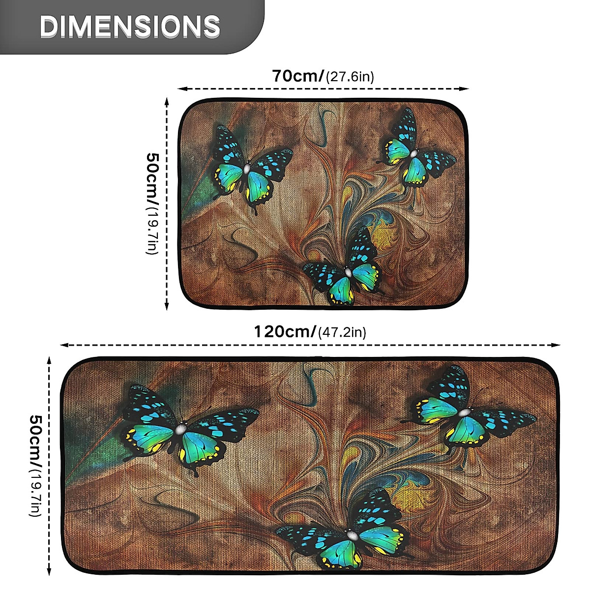 Blue Butterfly Brown Background Kitchen Mats and Rugs Set of 2 Cushioned Anti Fatigue Comfort Waterproof Runner Carpets for House,Sink,Office,Kitchen