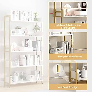 OSCHF Wide Open Shelf Bookcase - Modern 4-Tier Floor Standing Display Bookshelf with Three-Side Baffles for Home and Office, Storage Shelving in Warm White with Gold Frame