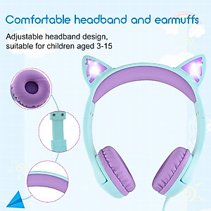 Olyre Kids Headphones with MIC for School, 85dB Safe Volume Limited Light Up Cat Ear Headphones,Wired Cord On-Ear Headphones for Children/Boys/Girls/Travel-Green/Purple
