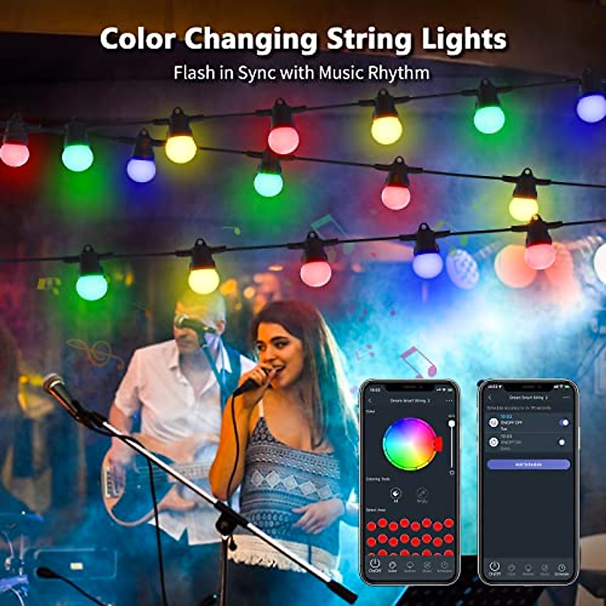 LUMIMAN Smart Color Changing Outdoor String Lights 48FT RGBIC Balcony Light with 15LED G45 Bulbs, APP Control 2.4GHZ WiFi Alexa Google, Connectable for Patio Gazebo Café Backyard