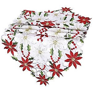 OurWarm 15 x 70 Inch Embroidered Christmas Table Runner Red Table Linens for Christmas Decorations, Luxury Holly Poinsettia Table Runner for Dining Kitchen & Dining Table