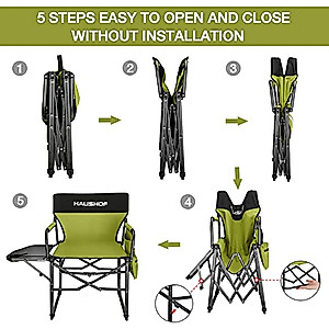 HAUSHOF Camping Chair with Side Table and Storage Pockets, Portable Folding Directors Chair, Heavy Duty Camp Chair for Adults Outdoor Fishing Beach, Green