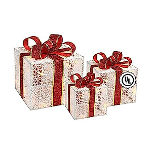 Set of 3 Lighted Gift Boxes Christmas Decoration - Pre-Lit Present with Ribbons and Bows - Light up Gift Box for Indoor Outdoor Yard Home Decor