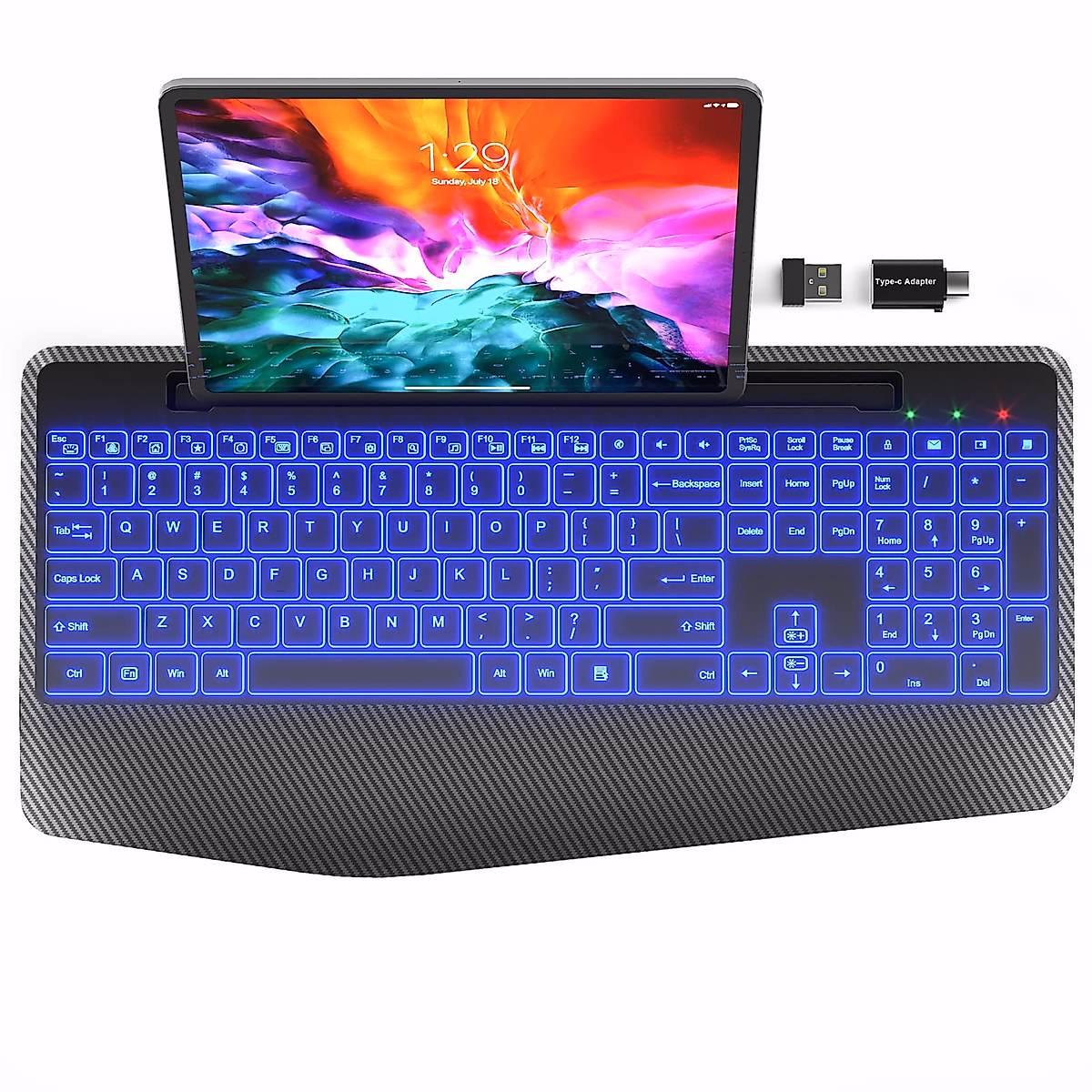 SABLUTE Wireless Keyboard with 7 Colored Backlits, Wrist Rest, 2.4G Computer Gaming Keyboard with Phone Holder, Rechargeable Full Size Ergonomic Keyboard with Silent Keys for MacBook, PC, Laptop