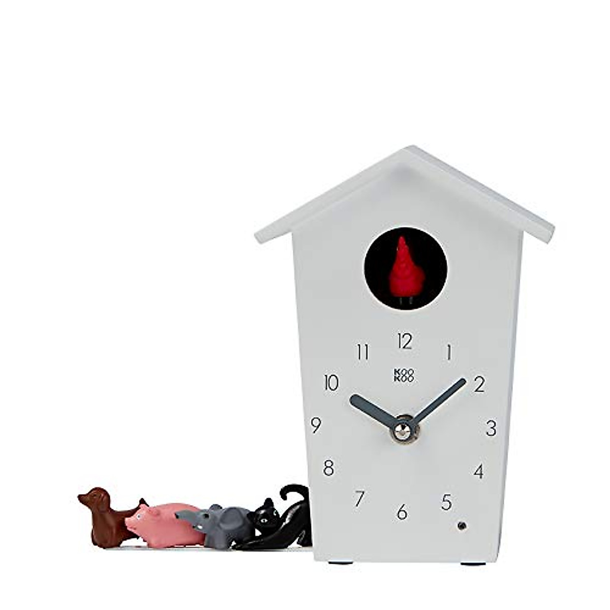 KOOKOO AnimalHouse white, small cuckoo clock with 5 farm animals sounds (natural field recordings)