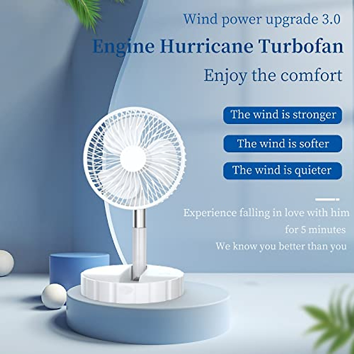 Romi Floria Portable Standing Fan Foldable Desk Fan, 7200mAh USB Quiet Fan, Mini Floor Fan, Telescopic Pedestal Fans Adjustable Height 14.17”-39.37” For Home Outdoor Camping (Wihte)