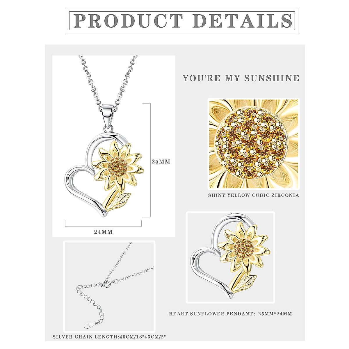MILACOLATO 925 Sterling Silver Sunflower Necklace 14K Gold Plated You're My Sunshine Sunflower Heart Pendant Necklace with Shiny Cubic Zirconia Sunflower Jewelry for Women Mom Valentines Day