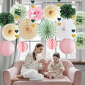 Sage Green and Pink Party Decorations Olive Sage Green Pink Paper Pom Poms Paper Fans Sage Pink Gold Love Heart Garland for Women Girls Sage Pink Birthday Baby Shower Wedding Bridal Shower Party Decor